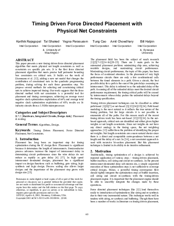 Pdf Timing Driven Force Directed Placement With Physical Net Constraints Tung Cao