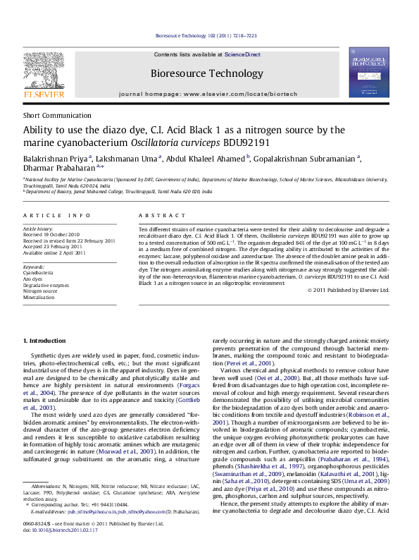 (PDF) Ability to use the diazo dye, C.I. Acid Black 1 as a nitrogen ...