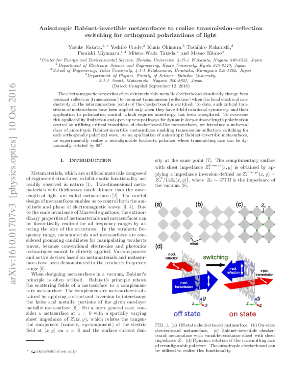 (PDF) Anisotropic Babinet-Invertible Metasurfaces to Realize ...