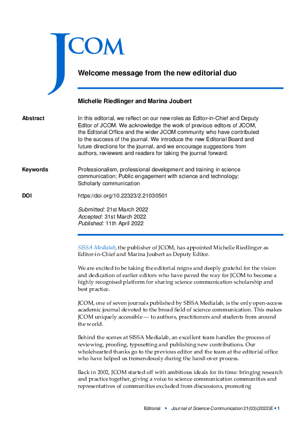 (PDF) Welcome message from the new editorial duo