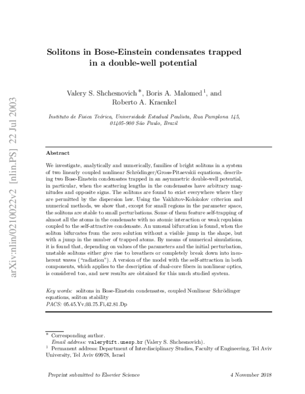 Pdf Solitons In Double Well Bose Einstein Condensates