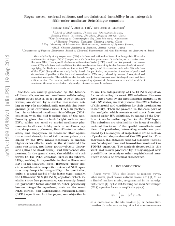 (PDF) Rogue waves, rational solitons, and modulational instability in an integrable fifth-order ...