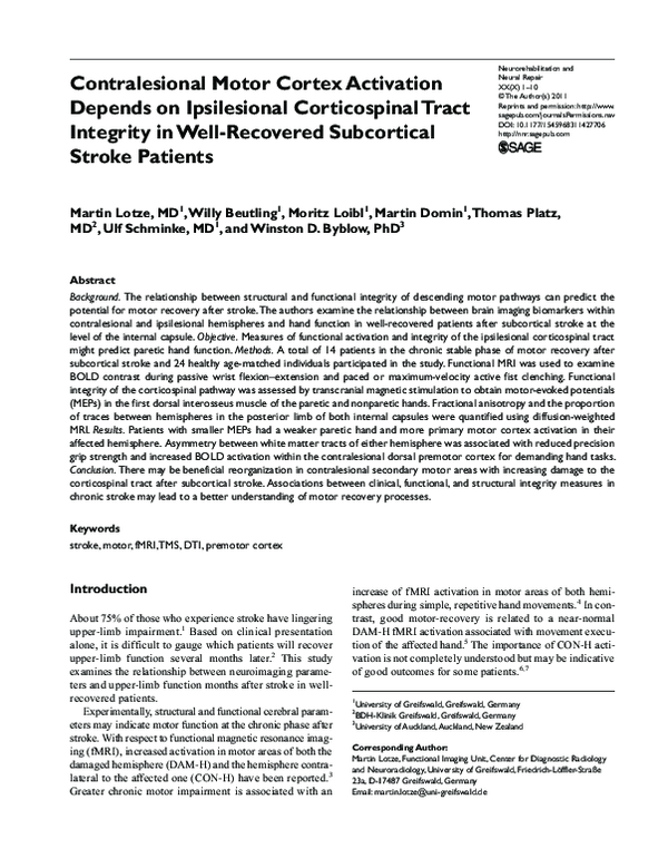 (PDF) Contralesional Motor Cortex Activation Depends on Ipsilesional ...