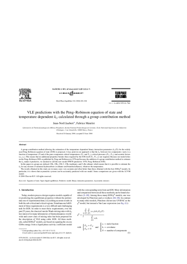 (PDF) VLE predictions with the Peng–Robinson equation of state and temperature dependent kij ...