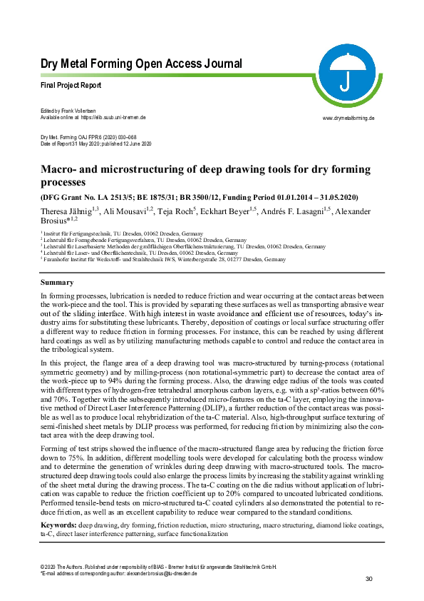 (PDF) Macro- and microstructuring of deep drawing tools for dry forming ...
