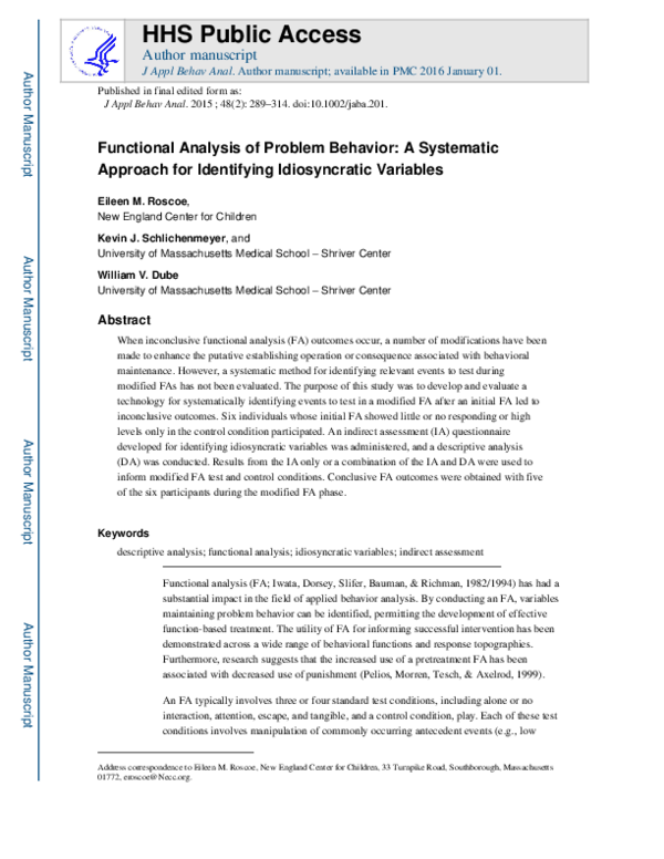 (PDF) Functional analysis of problem behavior: A systematic approach for identifying ...