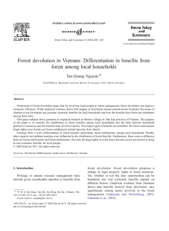 (PDF) Forest devolution in Vietnam: Differentiation in benefits from forest among local households
