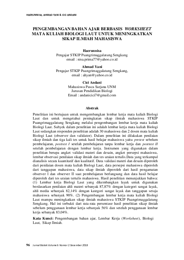 (PDF) Pengembangan Bahan Ajar Berbasis Worksheet Mata Kuliah Biologi Laut Untuk Meningkatkan ...