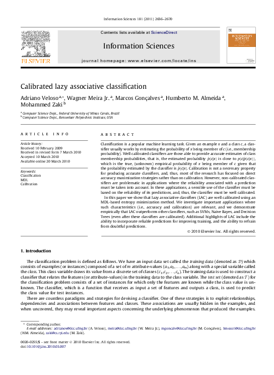 (PDF) Calibrated lazy associative classification | Marcos Goncalves - Academia.edu