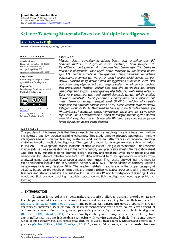 (PDF) Science Teaching Materials Based on Multiple Intelligences