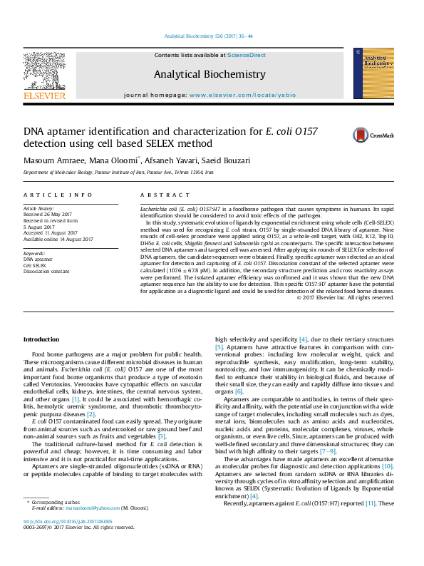 (PDF) DNA aptamer identification and characterization for E. coli O157 detection using cell ...