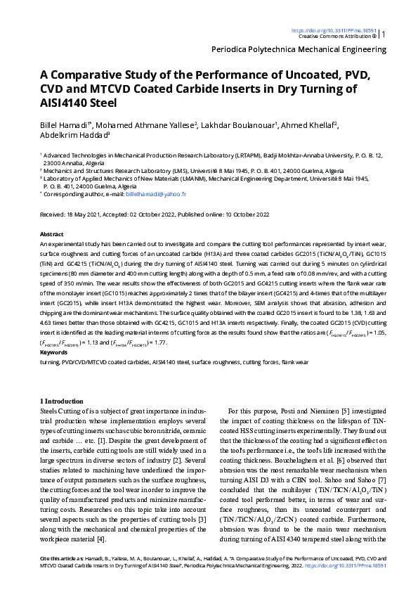 (PDF) A Comparative Study of the Performance of Uncoated, PVD, CVD and ...
