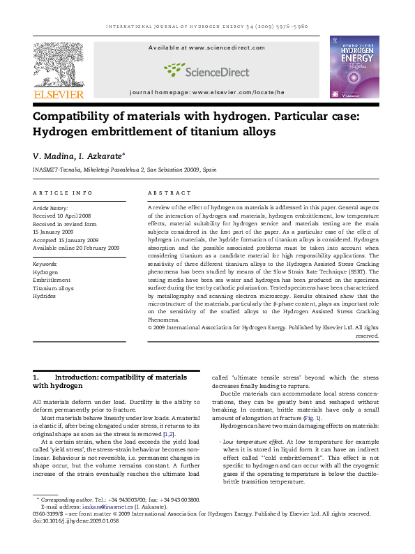 (PDF) Compatibility of materials with hydrogen. Particular case ...