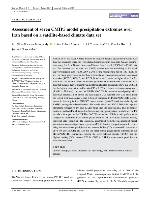 (PDF) Assessment of seven CMIP5 model precipitation extremes over Iran ...