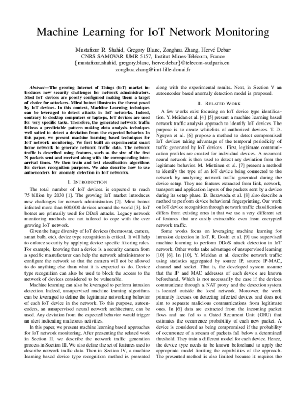 (PDF) Machine learning for IoT network monitoring