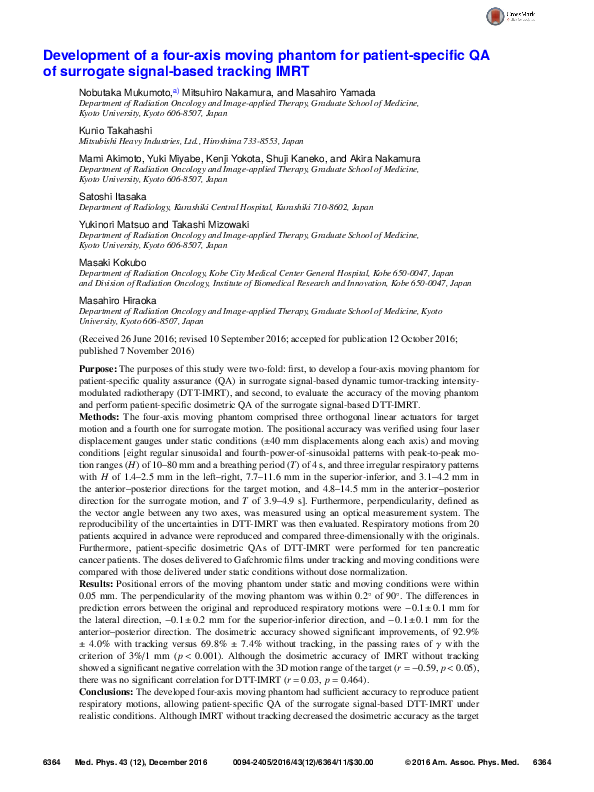 (PDF) Development of a four-axis moving phantom for patient-specific QA of surrogate signal ...