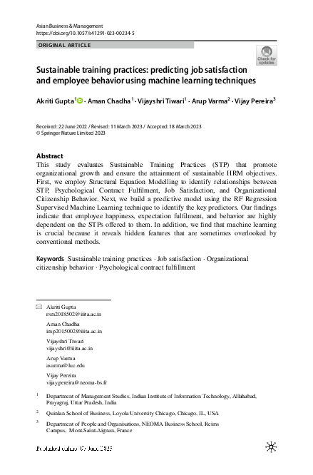 (PDF) Sustainable training practices: predicting job satisfaction and employee behavior using ...