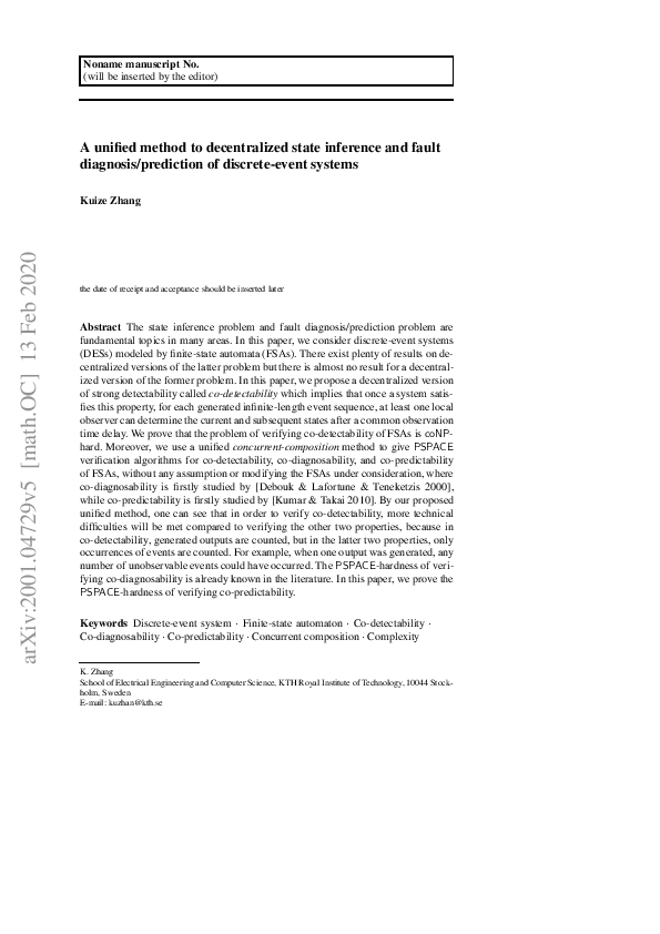 Pdf A Unified Method To Decentralized State Inference And Fault Diagnosis Prediction Of