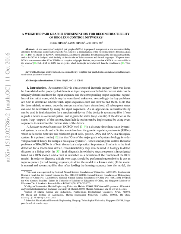 (PDF) A Weighted Pair Graph Representation for Reconstructibility of Boolean Control Networks