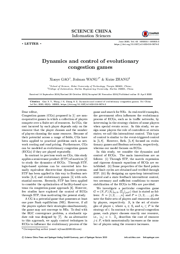 (PDF) Dynamics and control of evolutionary congestion games