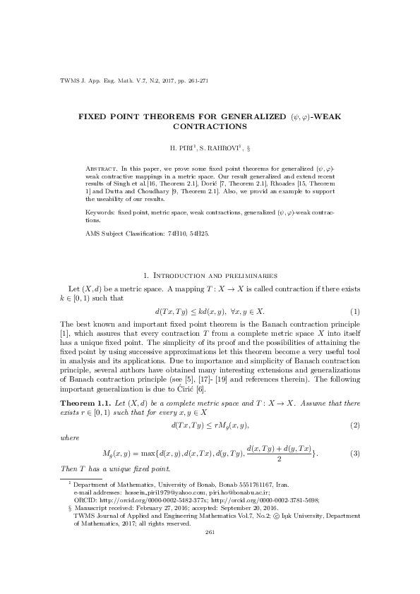 Pdf Fixed Point Theorems For Generalized Weak Contractions