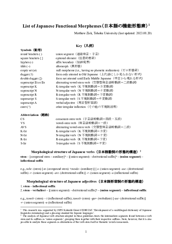 (PDF) List of Japanese Functional Morphemes (2023.08.20)