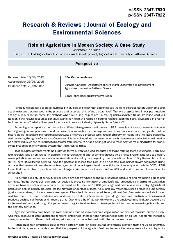 (PDF) Role of Agriculture in Modern Society: A Case Study