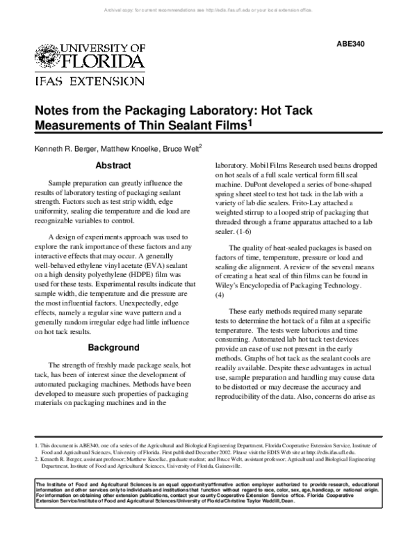 (PDF) Notes from the Packaging Laboratory: Hot Tack Measurements of ...