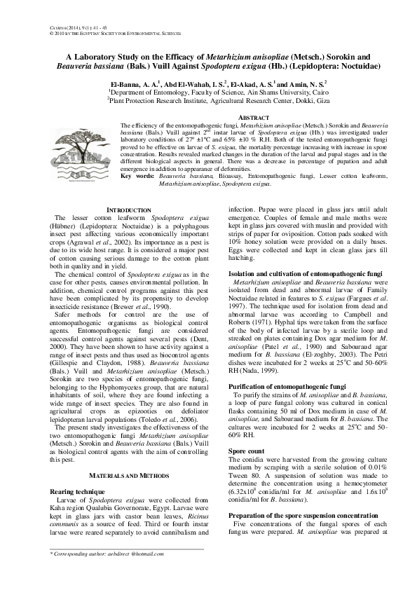 (PDF) A Laboratory Study on the Efficacy of Metarhizium anisopliae (Metsch.) Sorokin and ...
