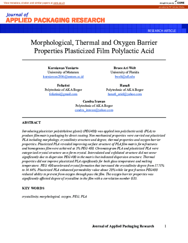 (PDF) Morphological, Thermal and Oxygen Barrier Properties Plasticized Film Polylactic Acid