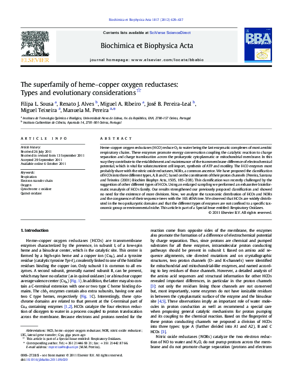 (PDF) The superfamily of heme–copper oxygen reductases: Types and ...