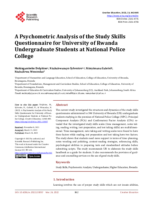 (PDF) A Psychometric Analysis of the Study Skills Questionnaire for University of Rwanda ...