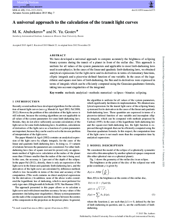 (PDF) A universal approach to the calculation of the transit light curves
