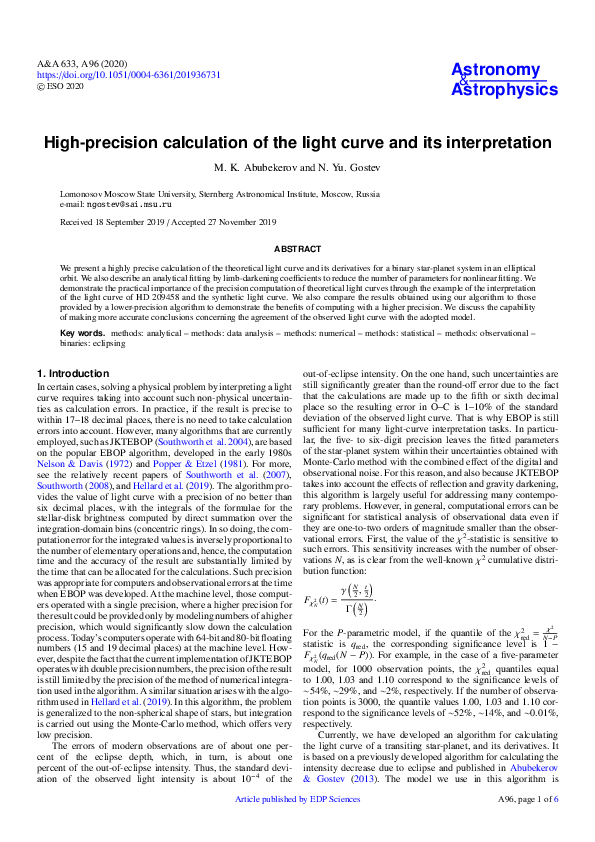 (PDF) High-precision calculation of the light curve and its interpretation