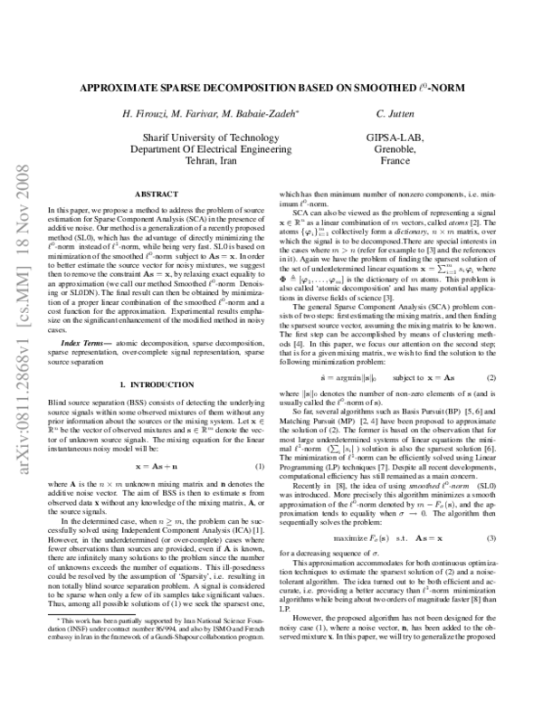 (PDF) Approximate Sparse Decomposition Based on Smoothed L0-Norm