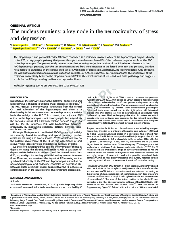 (PDF) The nucleus reuniens: a key node in the neurocircuitry of stress ...