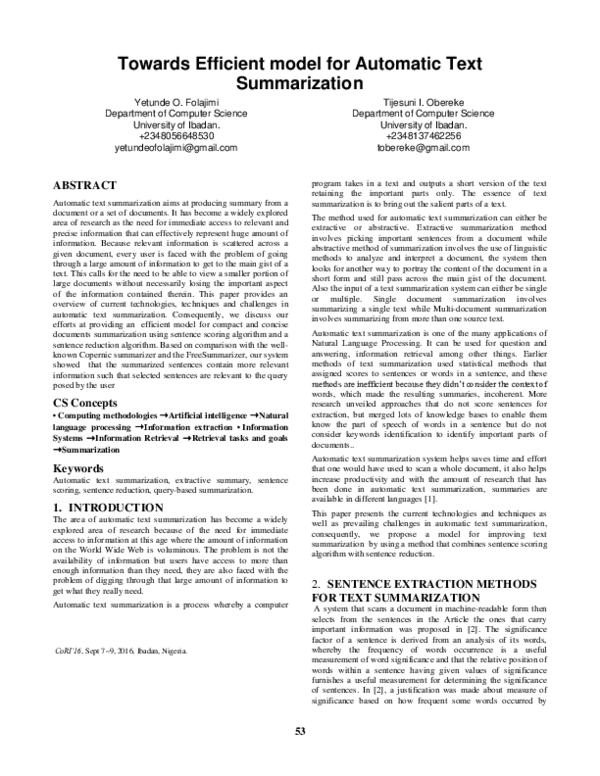Pdf Towards Efficient Model For Automatic Text Summarization