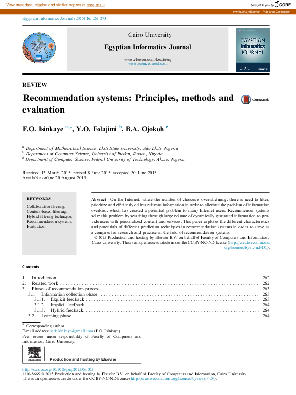 (PDF) Recommendation systems: Principles, methods and evaluation