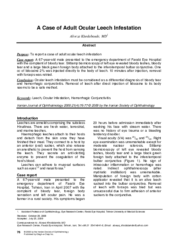 (PDF) A Case of Adult Ocular Leech Infestation