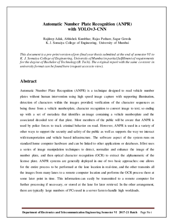 (PDF) Automatic Number Plate Recognition (ANPR) with YOLOv3-CNN