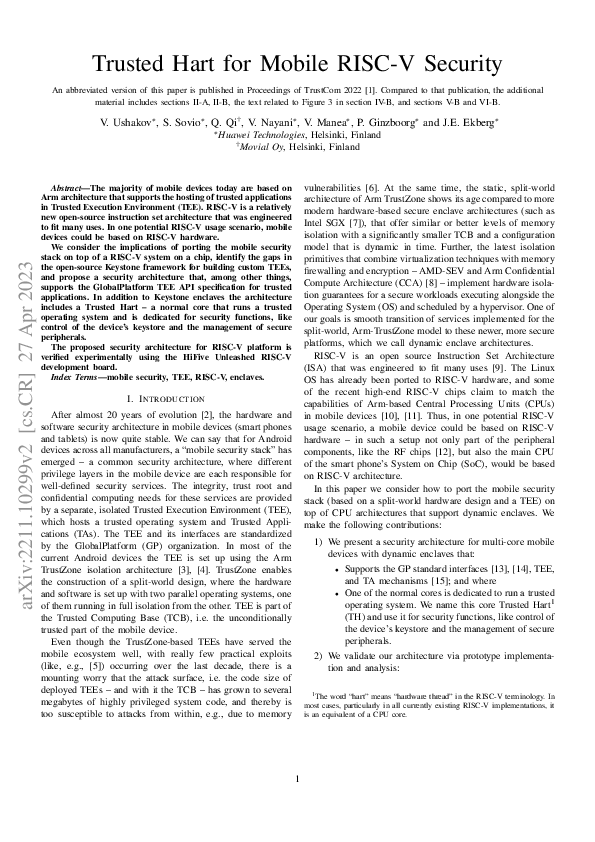 (PDF) Trusted Hart for Mobile RISC-V Security