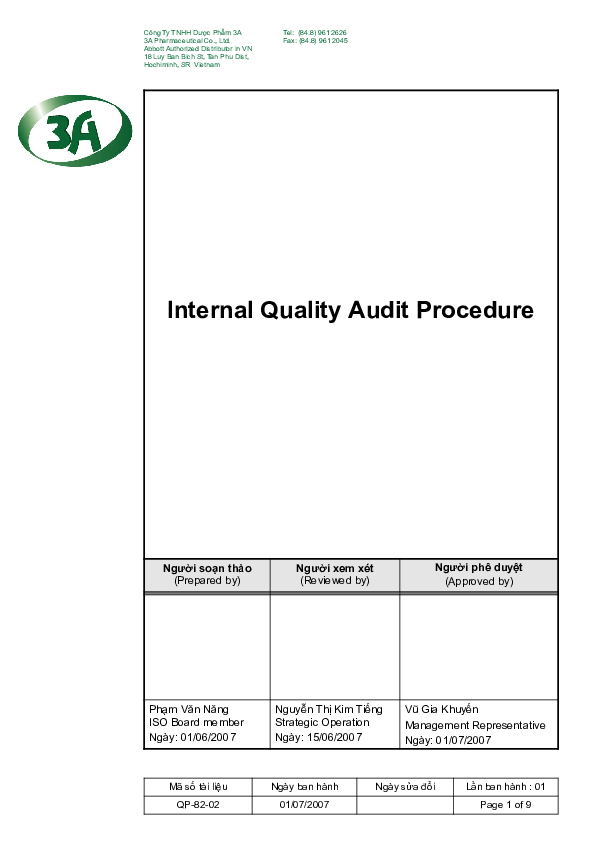 (DOC) Internal Quality Audit Procedure