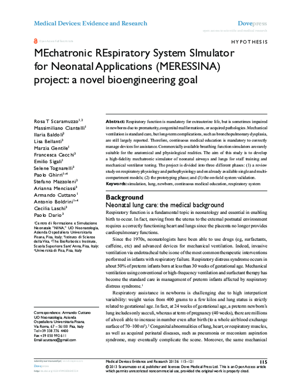 (PDF) MEchatronic REspiratory System SImulator for Neonatal Applications (MERESSINA) project: a ...