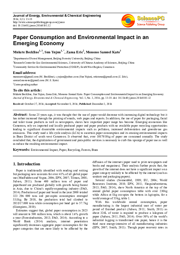 (PDF) Paper Consumption and Environmental Impact in an Emerging Economy