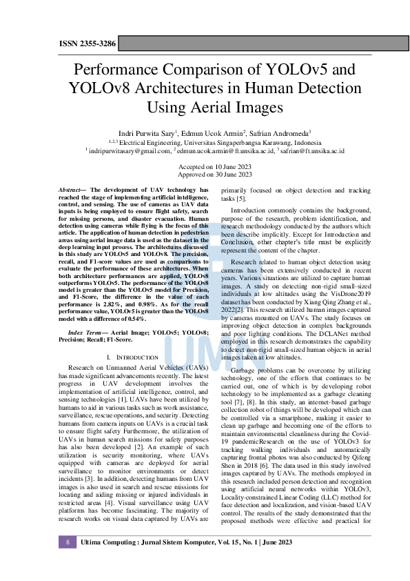 (PDF) Performance Comparison of YOLOv5 and YOLOv8 Architectures in Human Detection using Aerial ...