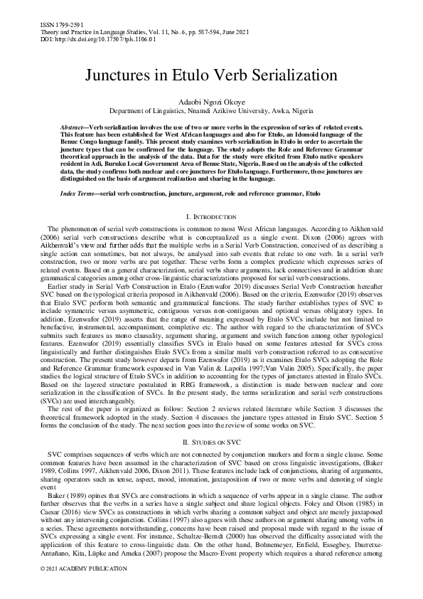 (PDF) Junctures in Etulo Verb Serialization