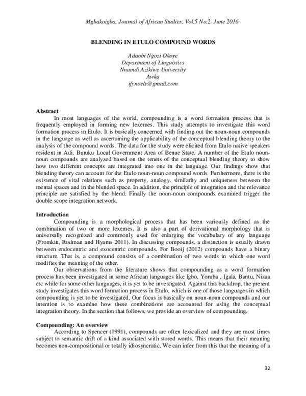 (PDF) Blending in Etulo compound words | Adaobi Okoye - Academia.edu