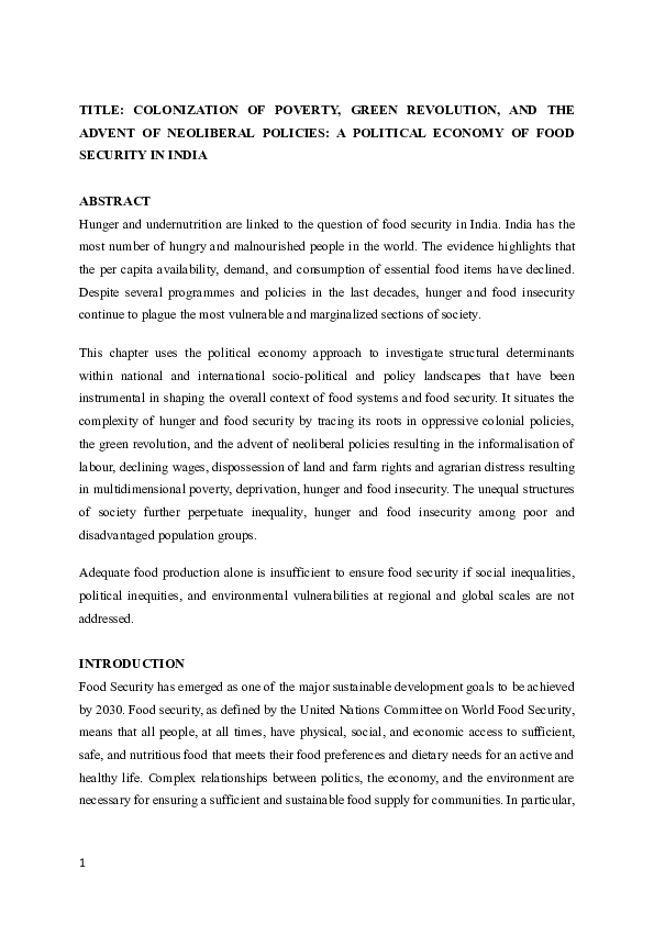 (DOC) Colonization Of Poverty, Green Revolution, and the advent of ...