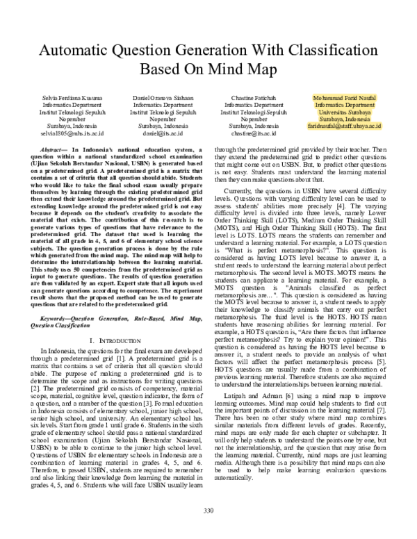 Pdf Automatic Question Generation With Classification Based On Mind Map