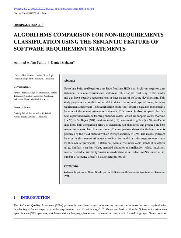 (PDF) Algorithms Comparison for Non-Requirements Classification using the Semantic Feature of ...